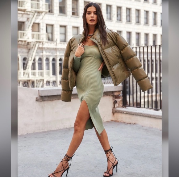 12th Tribe | Jackets & Coats | 2th Tribe Vegan Leather Puffer Jacket In Olive Small Drawstring ...